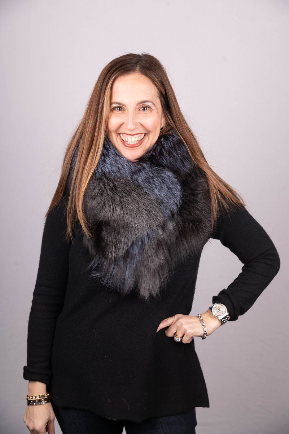 Denim/Charcoal Silver Fox Fur Collar — David Green Master Furrier